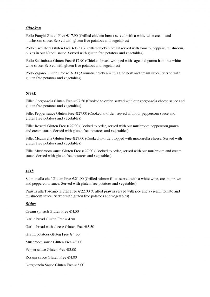 Our Menu | Italian Restaurant Cork Ristorante Rossini